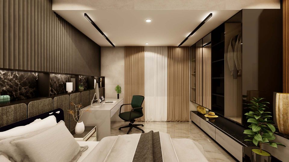 Contemporary Bedroom Design With Study Unit and Wardrobe - Artifex Interio