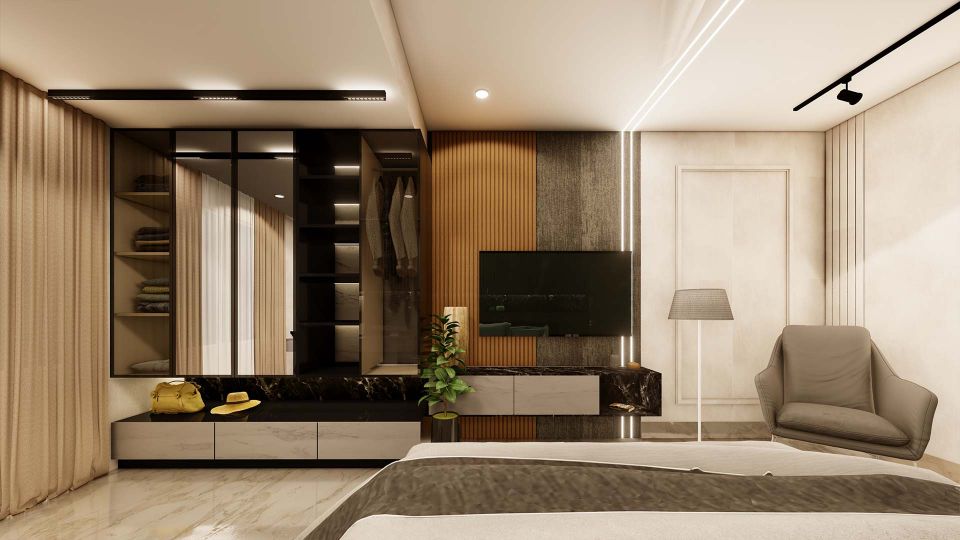 Contemporary Wardrobe Cum TV Unit Designs - Artifex Interio