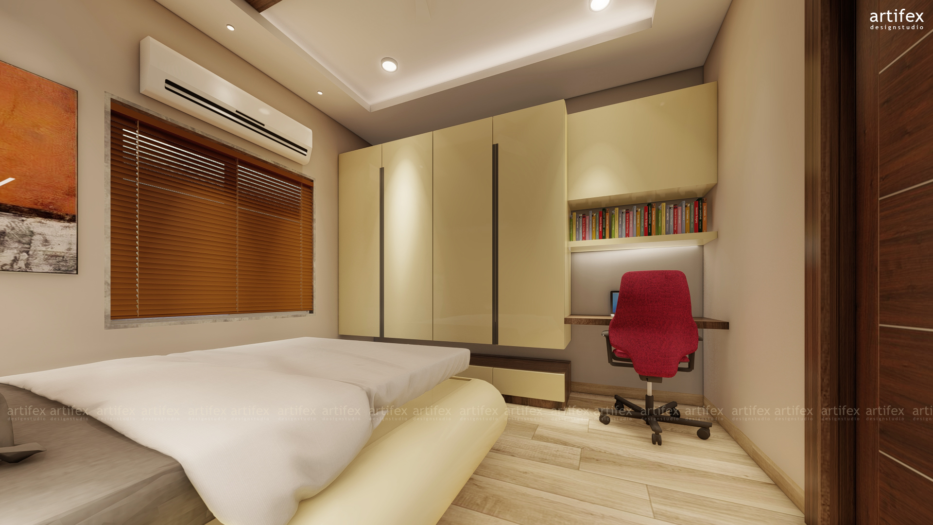 Contemporary Bedroom Design with Wardrobe Cum Study Unit - Artifex Interio