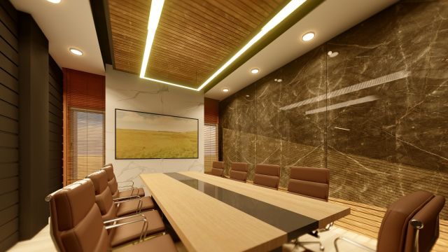 Modern 8 Seater Conference Room Design With Wooden Ceiling - Artifex ...