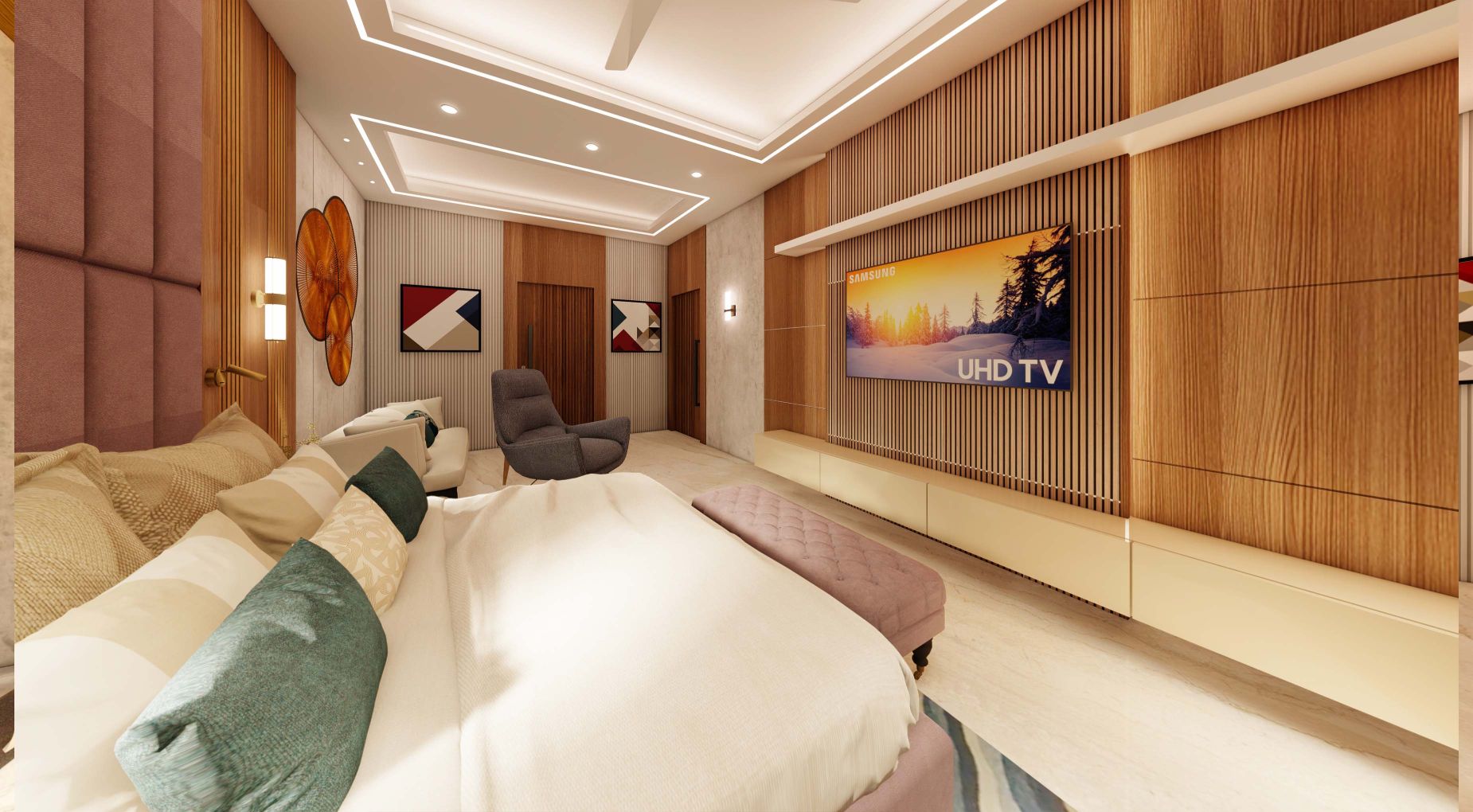 Bedroom Design With Modern TV Unit - Artifex Interio