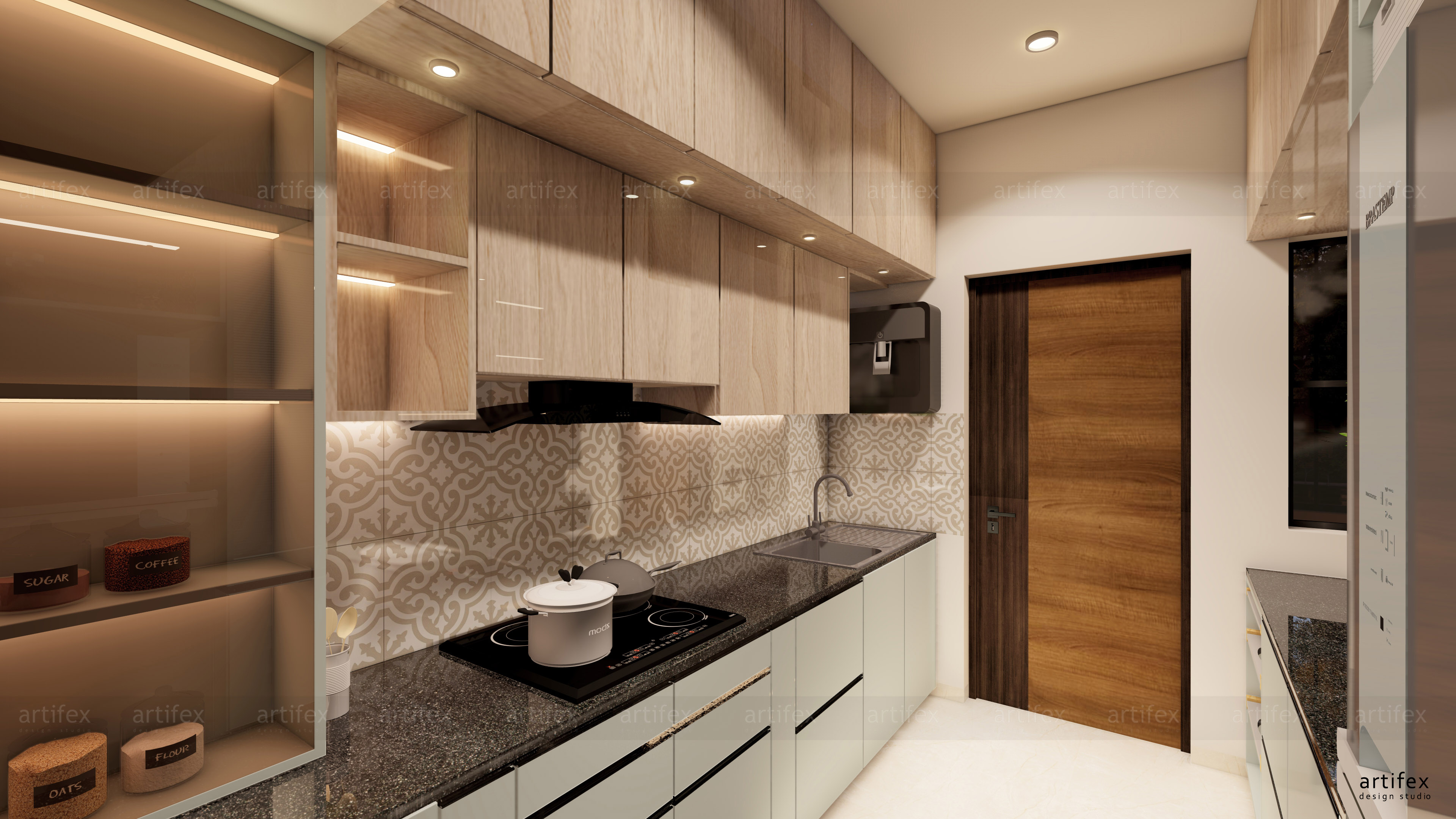 Modern Kitchen with Glass Overhead Cabinets - Artifex Interio